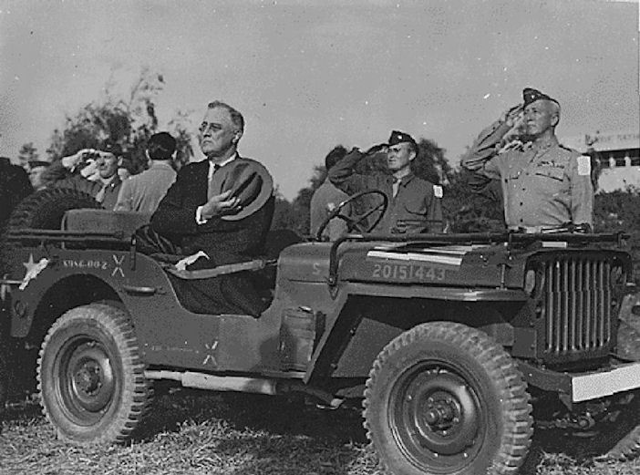 FDR and General Patton, reviewing troops, January 18, 1943, Casablanca