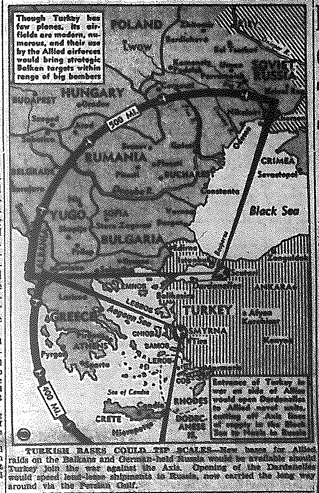 Map of Potential Bombing Paths from Turkey, published December 7, 1943