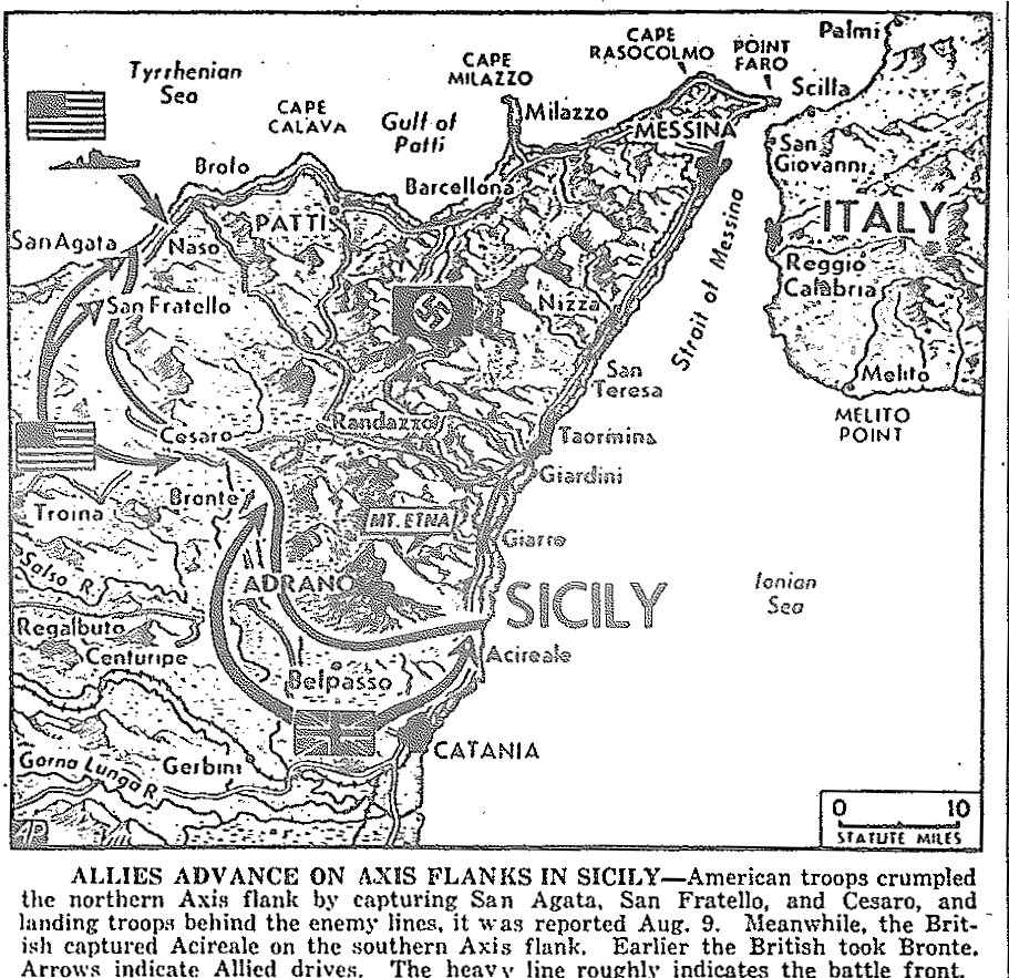 Map of Sicily, Messina Strait, published August 10, 1943