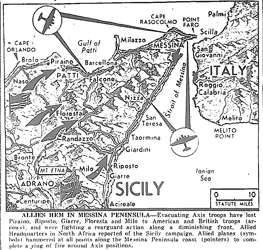 Map of Sicily, Messina Strait, published August 16, 1943